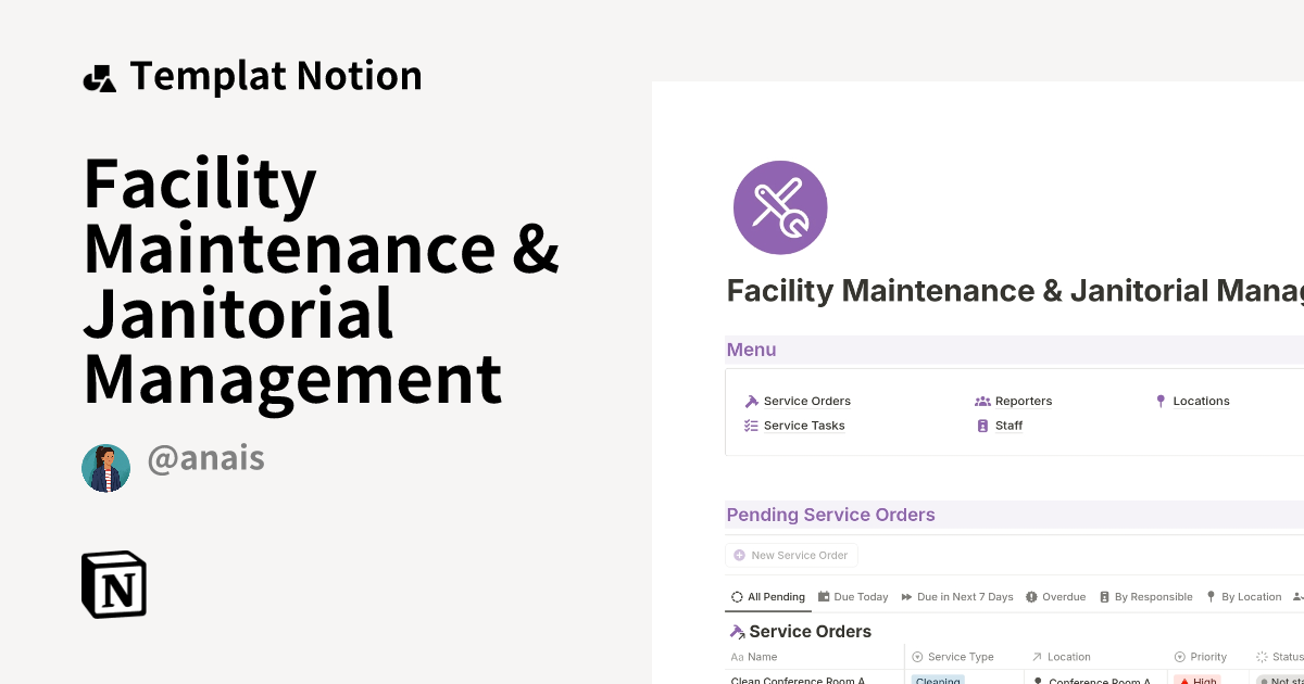 Facility Maintenance & Janitorial Management Templat oleh Anaïs | Notion Marketplace