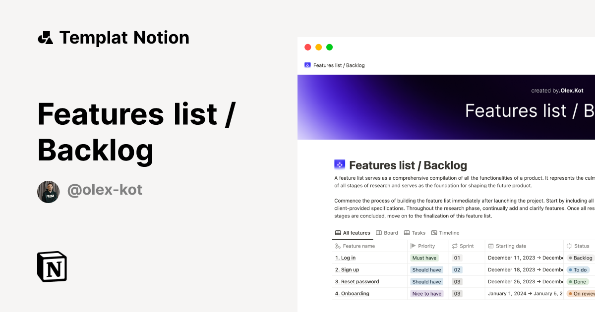 Features list / Backlog Templat oleh Olex. Kot | Notion Marketplace