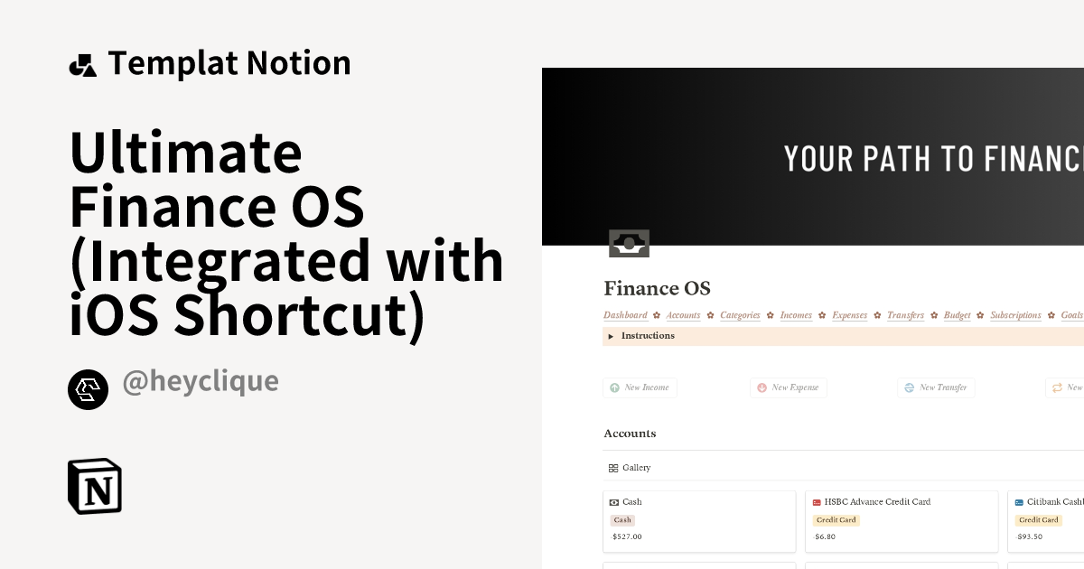 Ultimate Finance OS (Integrated with iOS Shortcut) Templat oleh CLIQUE | Notion Marketplace