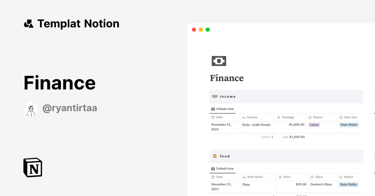 Finance Templat oleh Ryan Tirta | Notion Marketplace