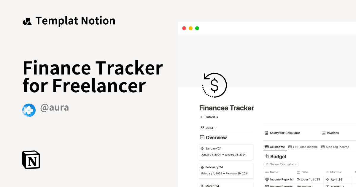 Finance Tracker for Freelancer Templat oleh Aura | Notion Marketplace