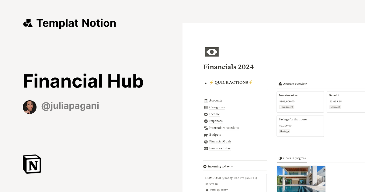Financial Hub Templat oleh Julia Pagani | Notion Marketplace