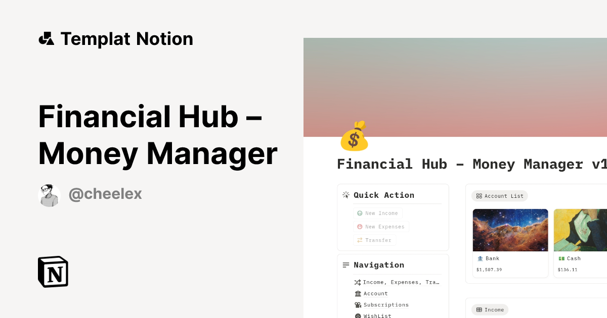 Financial Hub – Money Manager Templat oleh Cheelex | Notion Marketplace