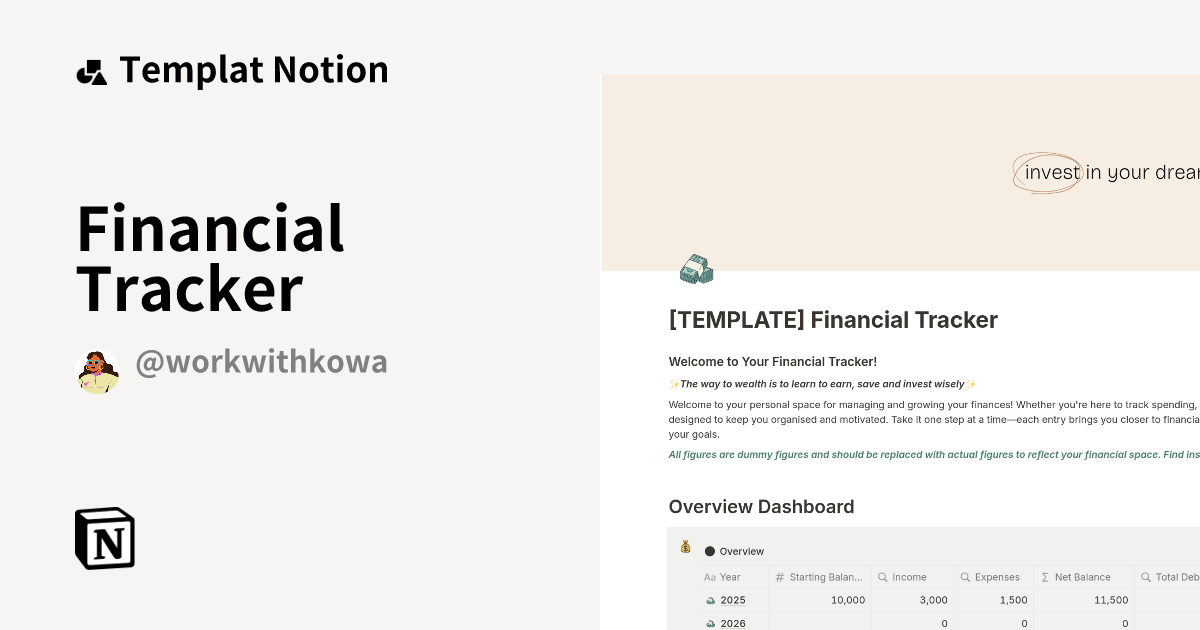 Financial Tracker Templat oleh WorkWithKowa | Notion Marketplace