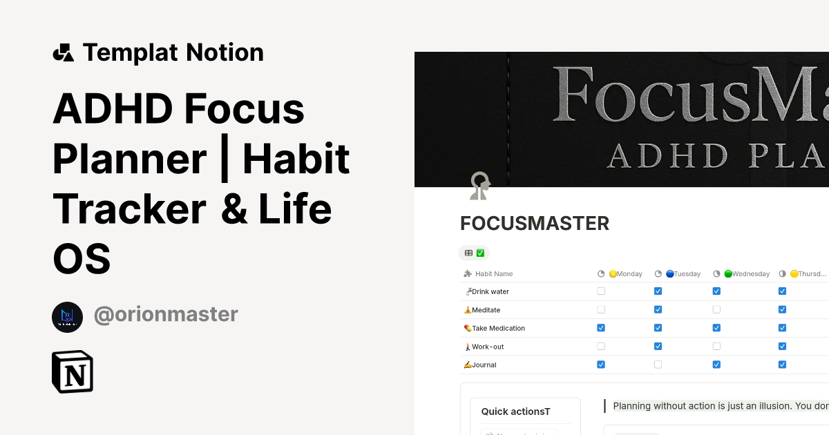 Templat ADHD Focus Planner | Habit Tracker & Life OS | Notion Marketplace
