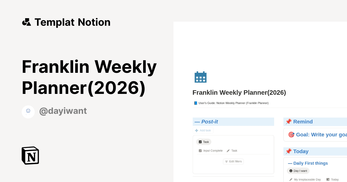 Templat Franklin Weekly Planner(2026) | Notion Marketplace