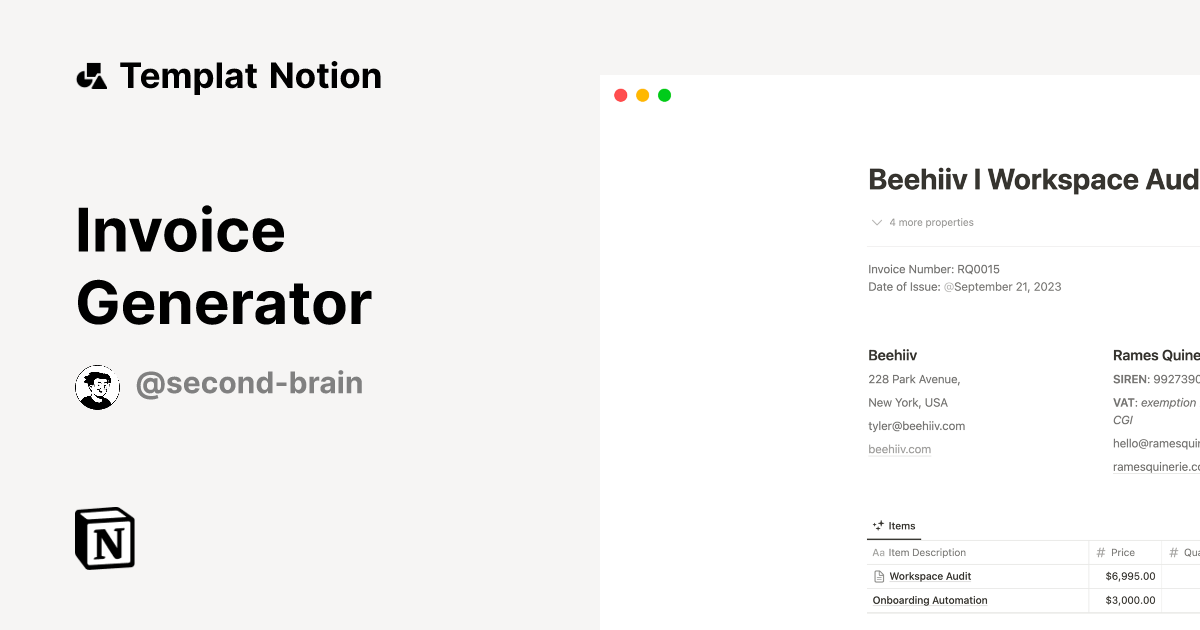 Invoice Generator Templat oleh Second Brain | Notion Marketplace