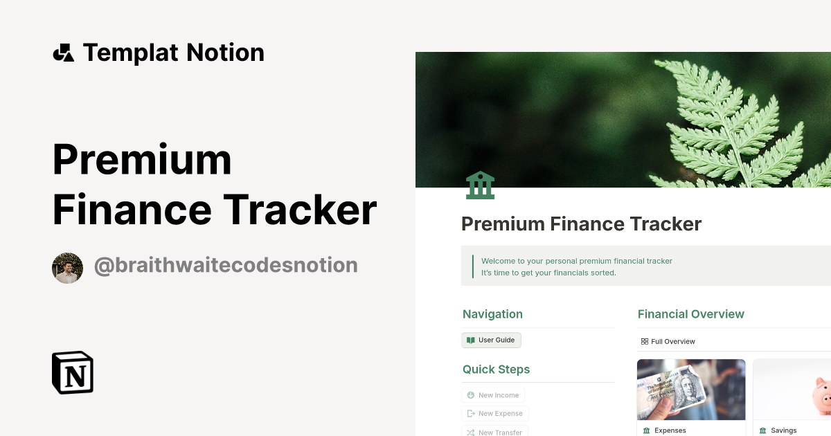 Premium Finance Tracker Templat oleh Joshua Braithwaite | Notion Marketplace