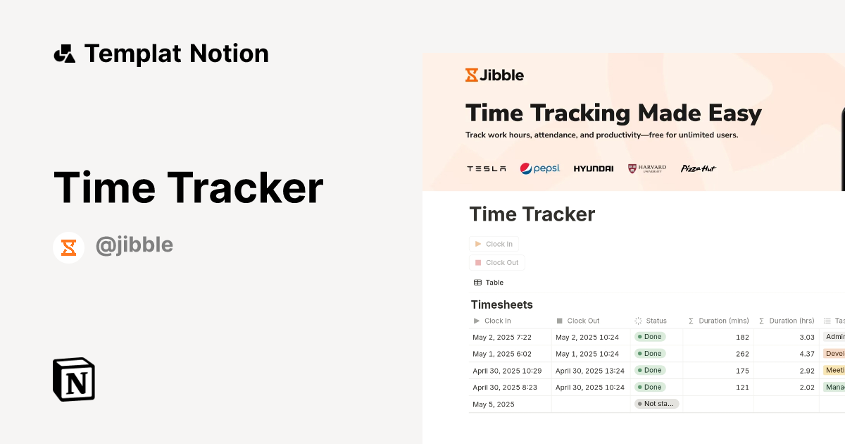 Time Tracker Templat oleh Jibble | Notion Marketplace