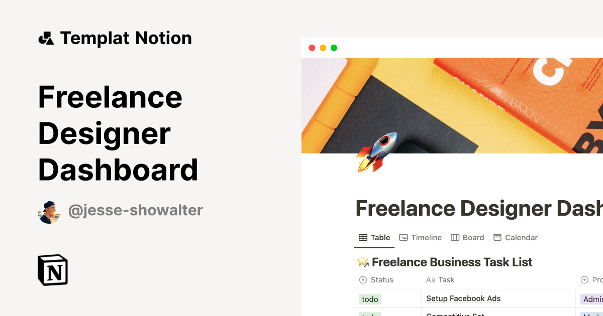 Freelance Designer Dashboard Templat oleh Jesse Showalter | Notion Marketplace