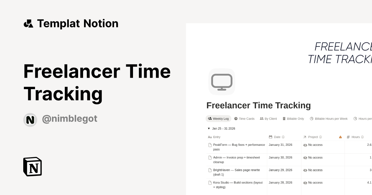 Freelancer Time Tracking Templat oleh NimbleGot | Notion Marketplace