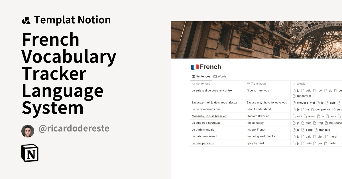 French Vocabulary Tracker Language System Templat oleh Ricardo Dereste ...