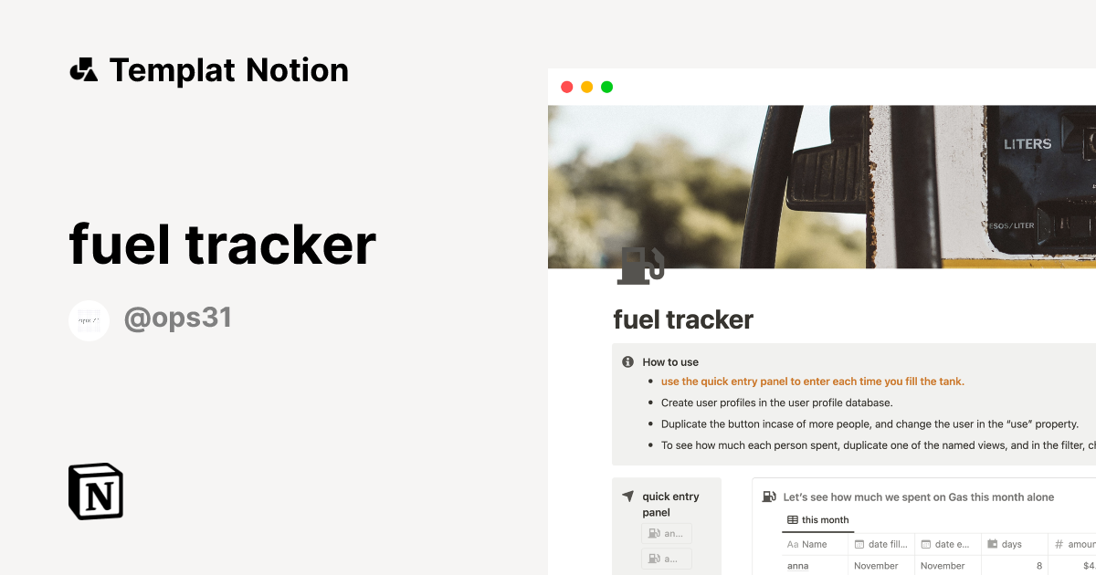 fuel tracker Templat oleh ops 31 | Notion Marketplace