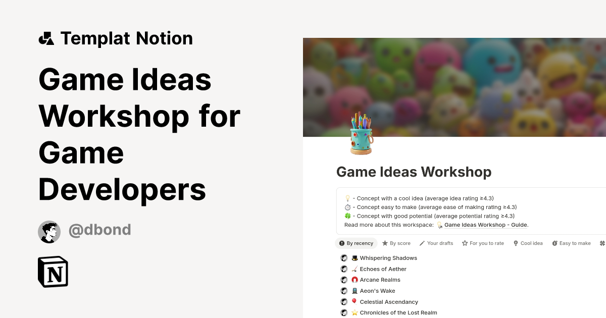 Templat Game Ideas Workshop for Game Developers | Notion Marketplace