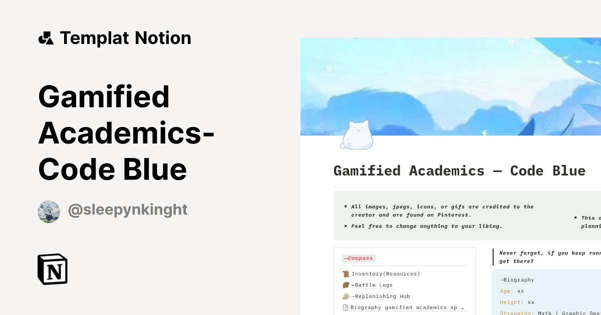 Gamified Academics-Code Blue Templat oleh SleepyKnight | Notion Marketplace