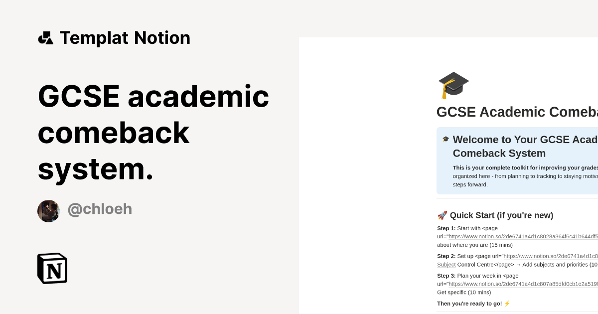 GCSE academic comeback system. Templat oleh Chloe H | Notion Marketplace