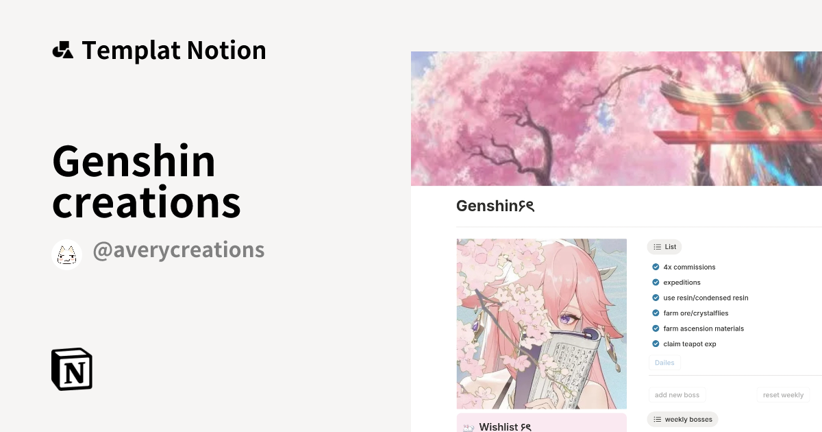 Templat Genshin creations | Notion Marketplace