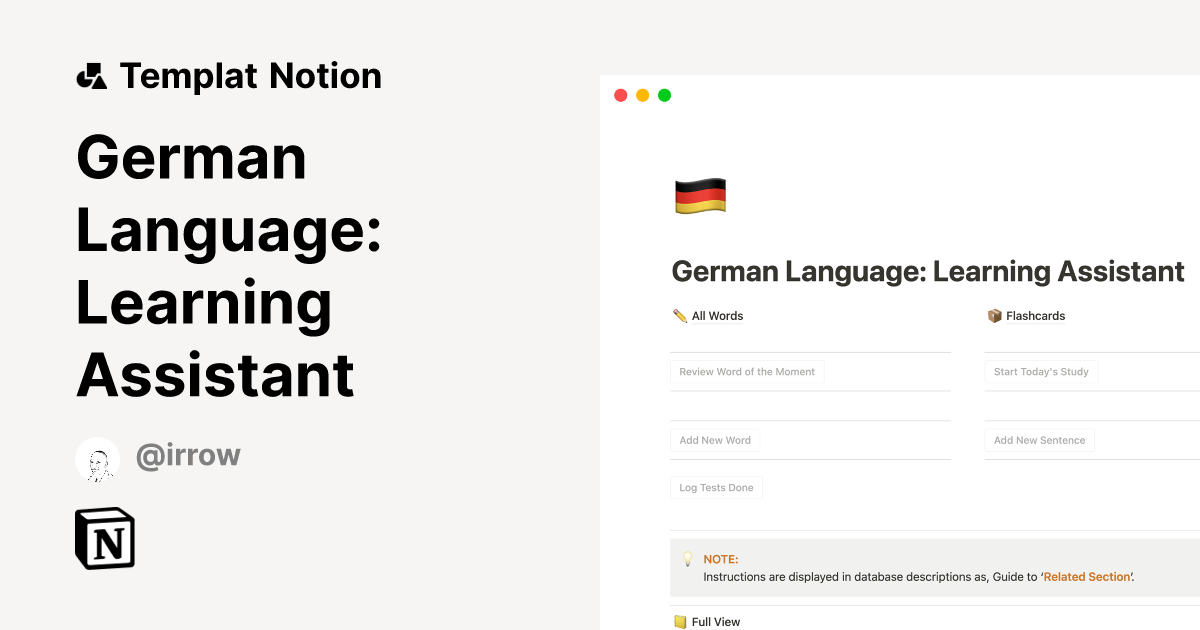 German Language: Learning Assistant Templat oleh Irrow | Notion Marketplace