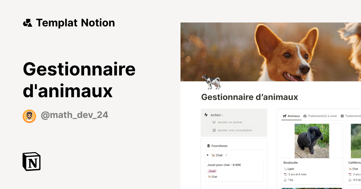 Gestionnaire d'animaux Templat oleh Mathieu Dev | Notion Marketplace