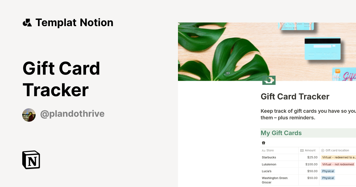 Gift Card Tracker Templat oleh Katy Stalcup | Notion Marketplace