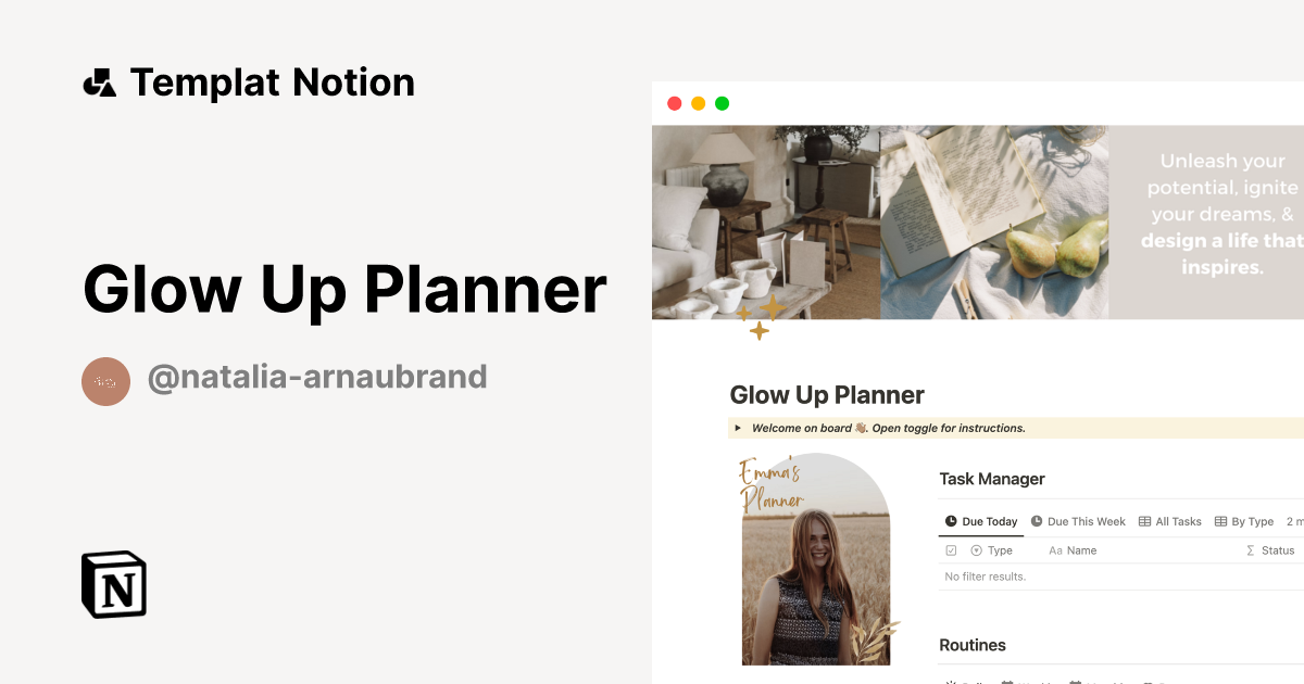 Glow Up Planner Templat oleh Natalia - Arnau Brand | Notion Marketplace