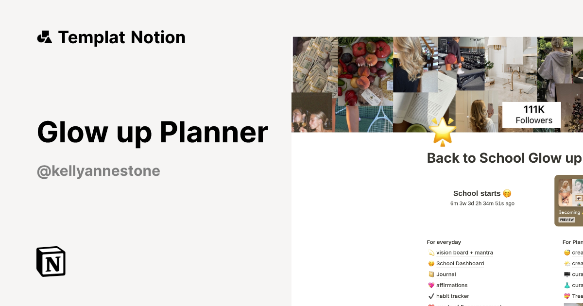 Glow up Planner Templat oleh Kelly | Notion Marketplace