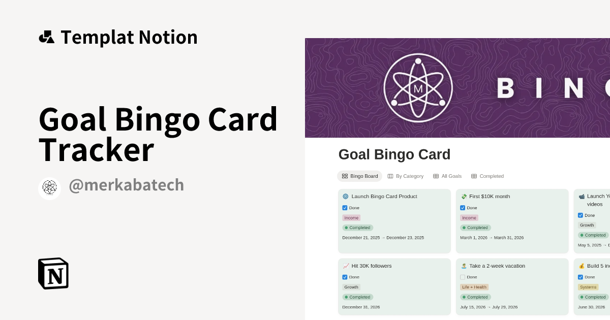 Goal Bingo Card Tracker Templat oleh Merkaba Tech | Notion Marketplace