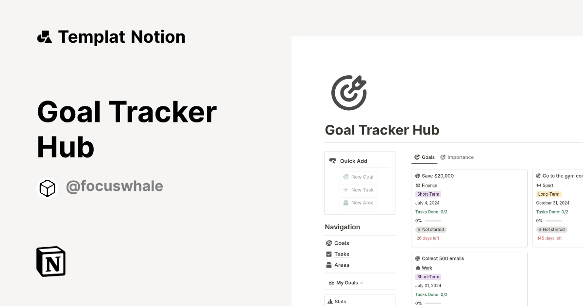 Goal Tracker Hub Templat oleh FocusWhale | Notion Marketplace