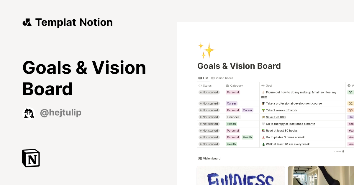 Goals & Vision Board Templat oleh Tulip | Notion Marketplace
