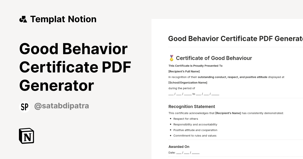 Templat Good Behavior Certificate PDF Generator | Notion Marketplace