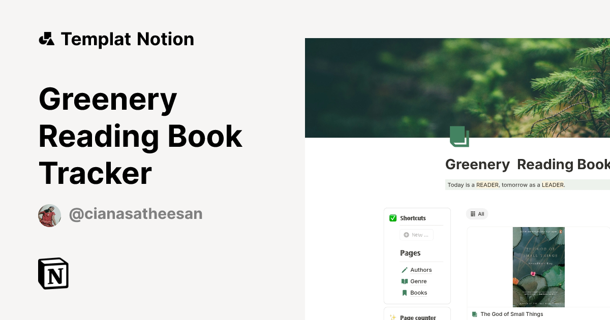 Greenery Reading Book Tracker Templat oleh Ciana Satheesan | Notion ...