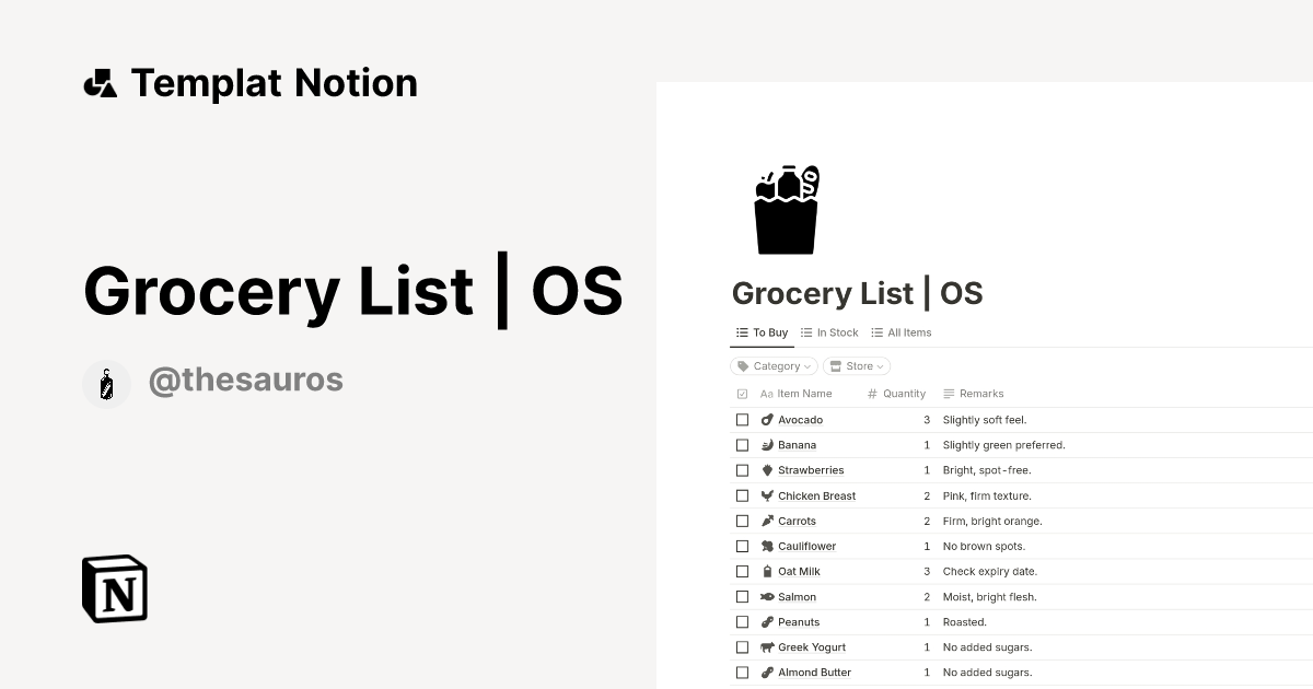 Grocery List | OS Templat oleh Thesauros | Notion Marketplace