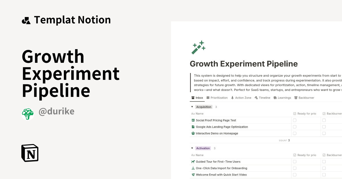 Growth Experiment Pipeline Templat oleh Growth Extravaganza | Notion Marketplace