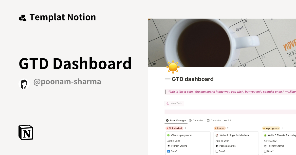 GTD Dashboard Templat oleh Poonam Sharma | Notion Marketplace