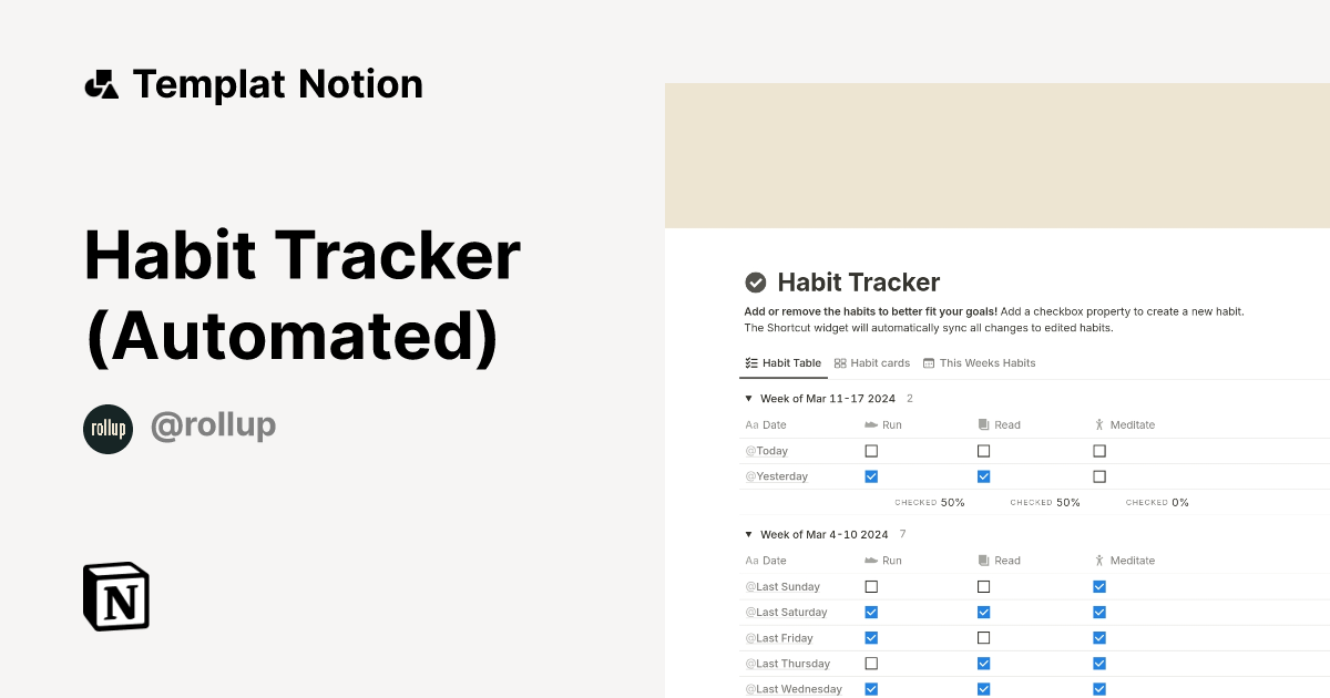 Habit Tracker (Automated) Templat oleh Rollup | Notion Marketplace