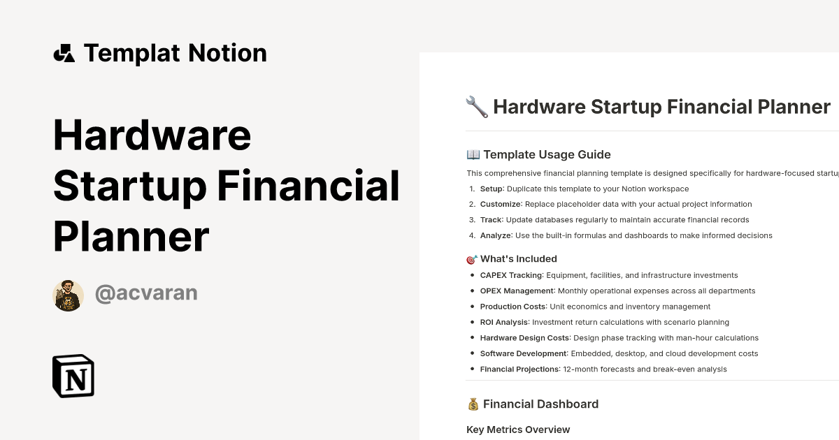 Hardware Startup Financial Planner Templat oleh Ahmet Can Varan | Notion Marketplace