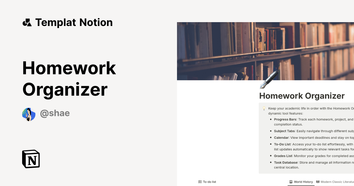 Templat Homework Organizer | Notion Marketplace