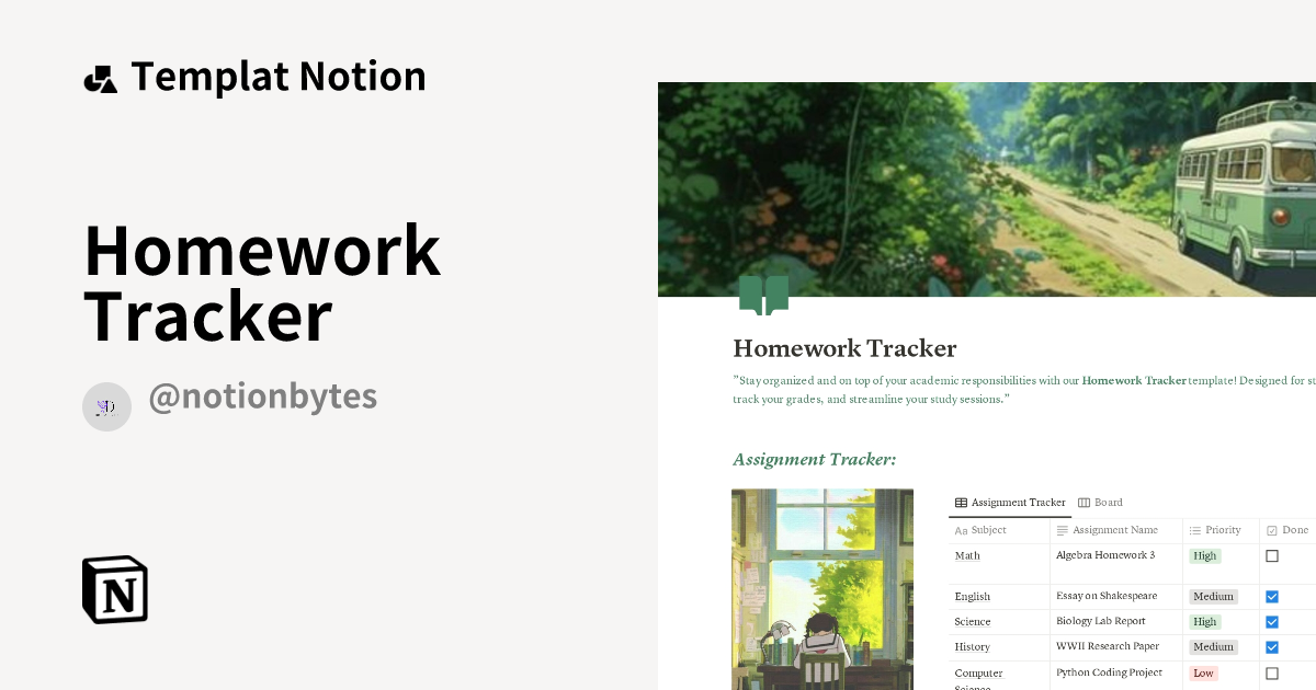 Homework Tracker Templat oleh Notion Bytes | Notion Marketplace
