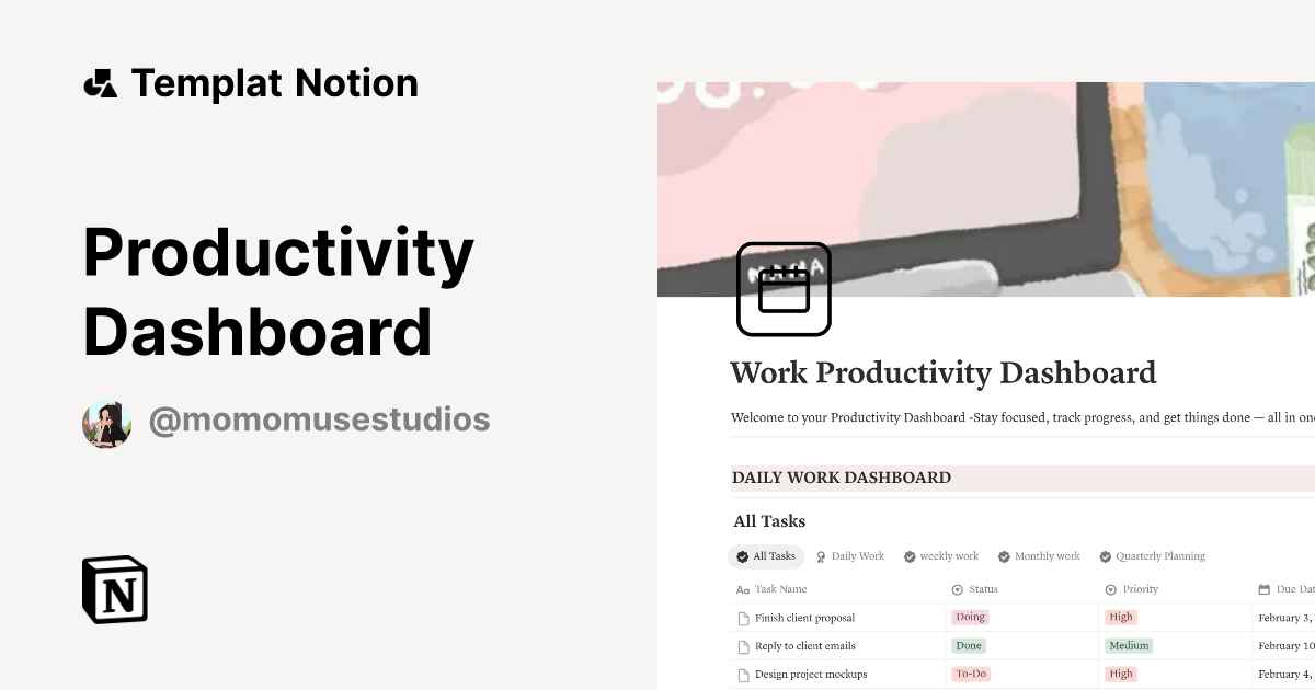 Productivity Dashboard Templat oleh momomuse studio | Notion Marketplace
