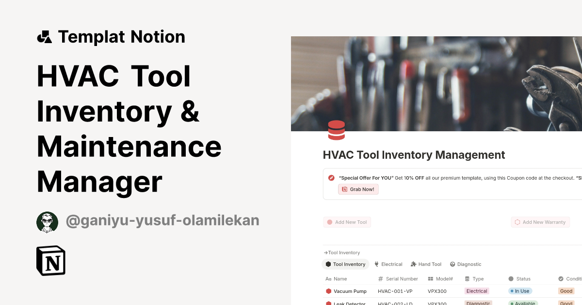HVAC Tool Inventory & Maintenance Manager Templat oleh Notionallity ...