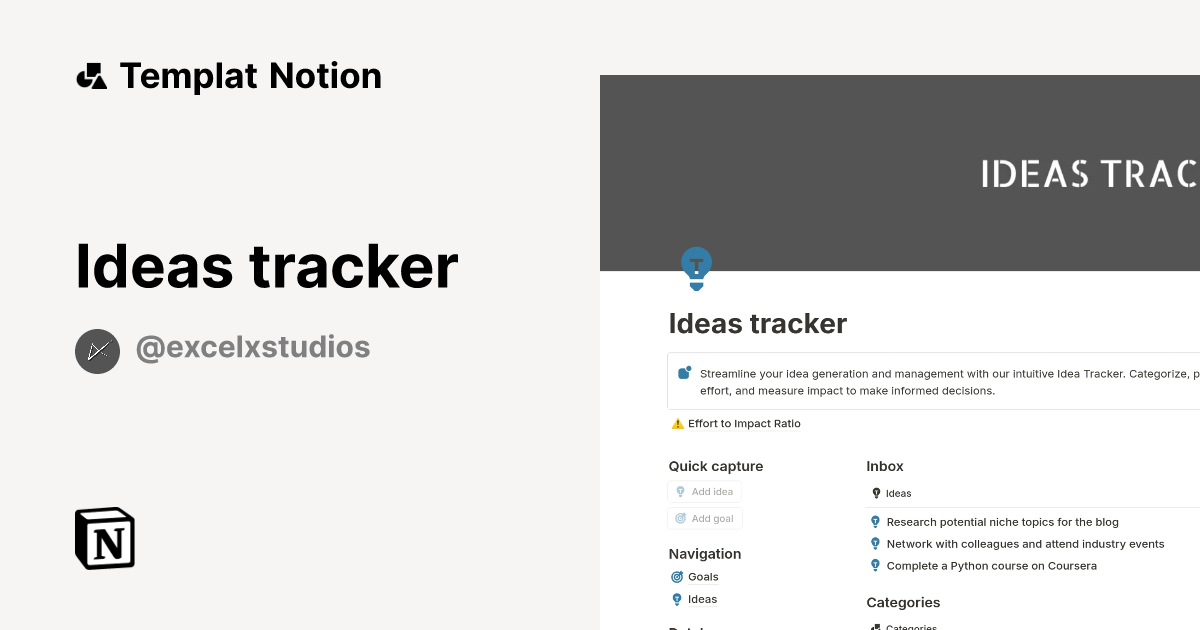 Ideas tracker Templat oleh Excel Studios | Notion Marketplace