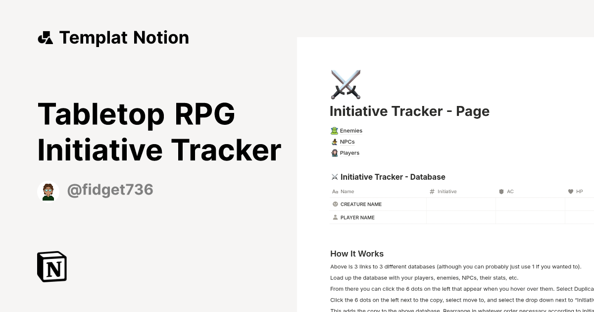 Tabletop RPG Initiative Tracker Templat oleh Fidget736 | Notion Marketplace