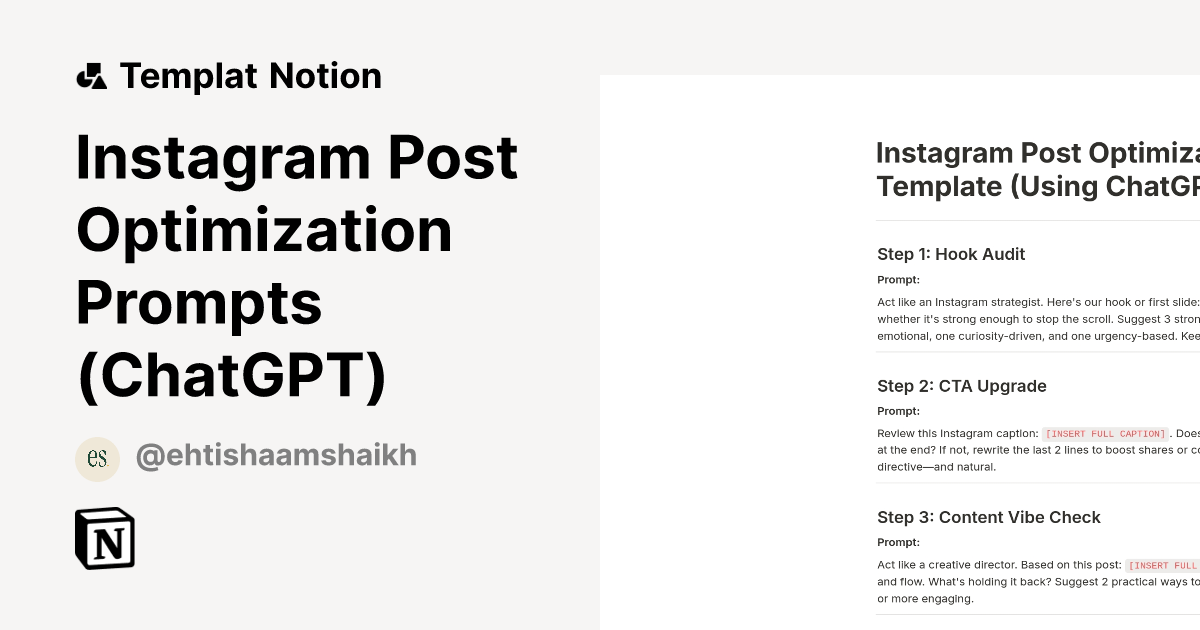 Instagram Post Optimization Prompts (ChatGPT) Templat oleh Ehtishaam Shaikh | Notion Marketplace
