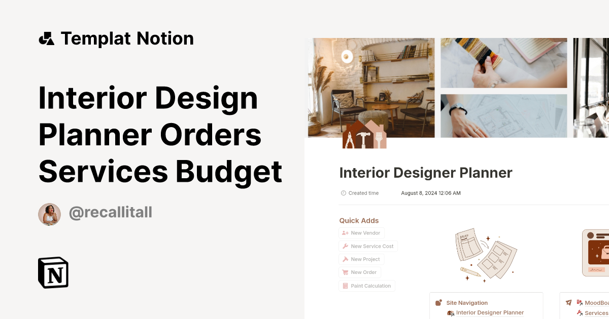 Templat Interior Design Planner Orders Services Budget | Notion Marketplace