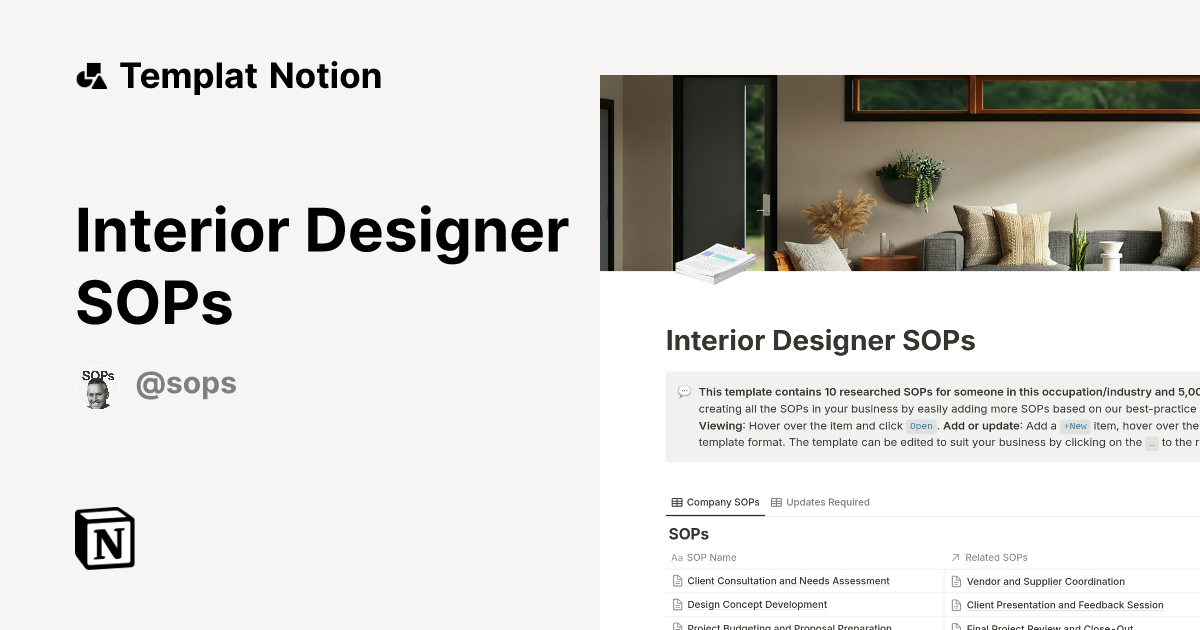 Interior Designer SOPs Templat oleh SOPs | Notion Marketplace