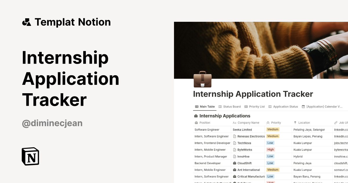 Internship Application Tracker Templat oleh Looi Wei En | Notion Marketplace