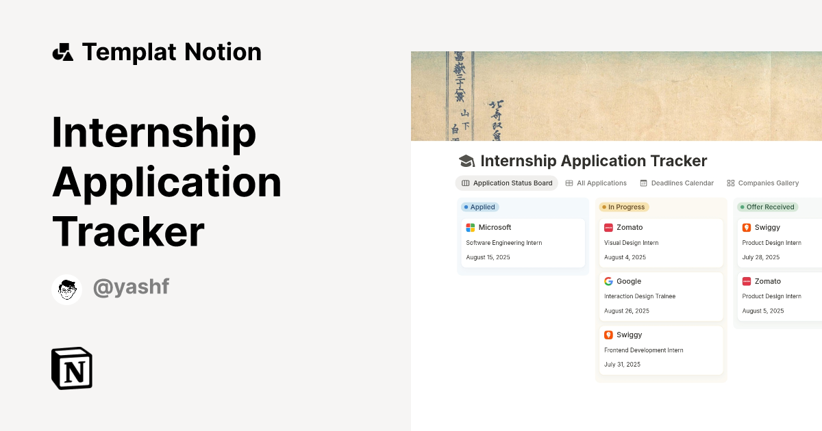 Internship Application Tracker Templat oleh Yash Fataniya | Notion Marketplace