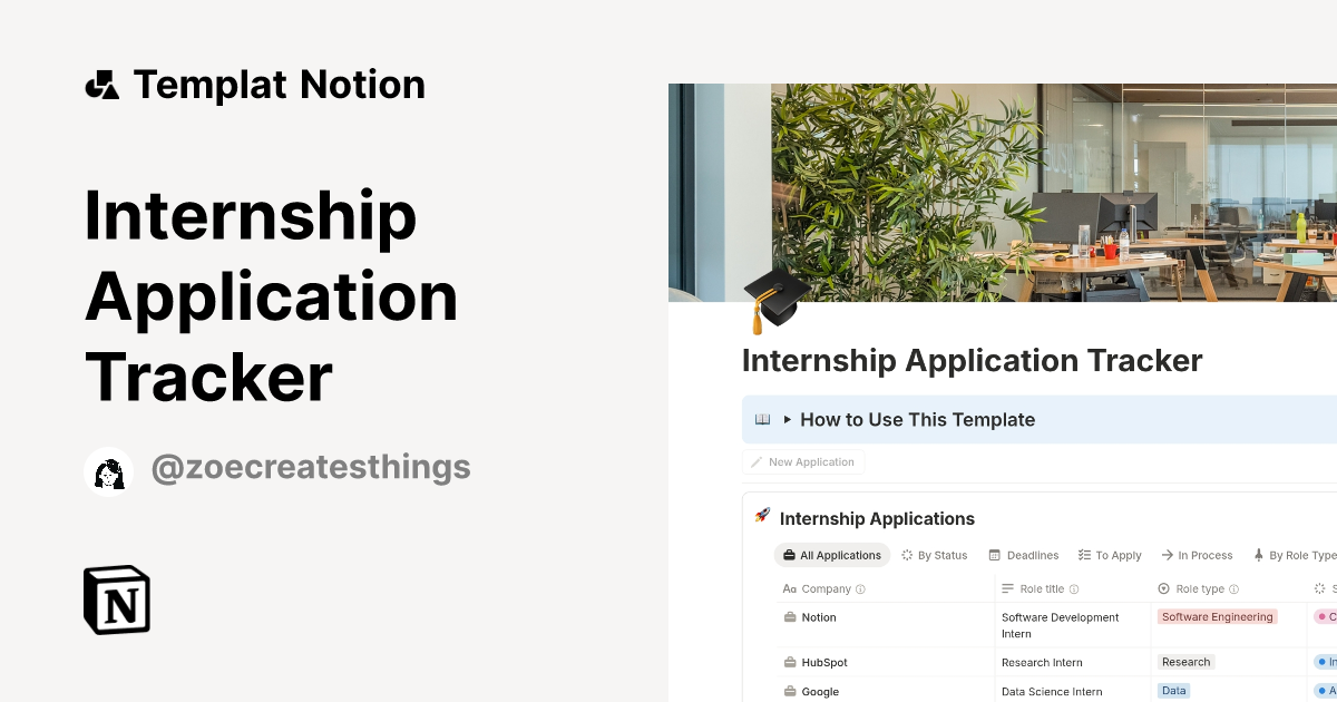 Internship Application Tracker Templat oleh Zoe | Notion Marketplace
