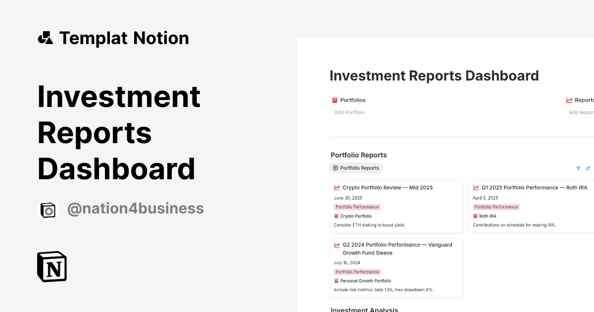 Investment Reports Dashboard Templat oleh Nation4Business | Notion ...