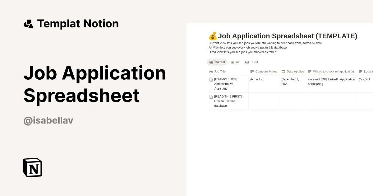 Job Application Spreadsheet Templat oleh Isabella | Notion Marketplace
